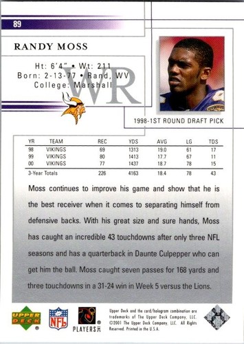2001 Upper Deck #89 Randy Moss football card 7JJJJ | eBay