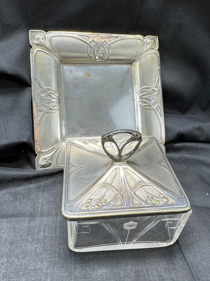 Jugendstil butter dish Silver plate etched glass Rare WMF art-nouveau ...