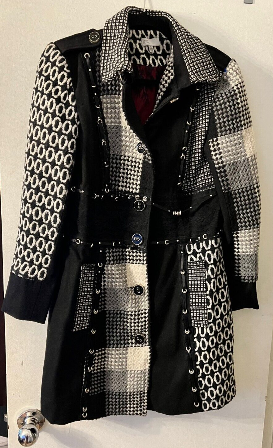 Linea Domani Women's Wool Coat Black, White Check Siz… - Gem
