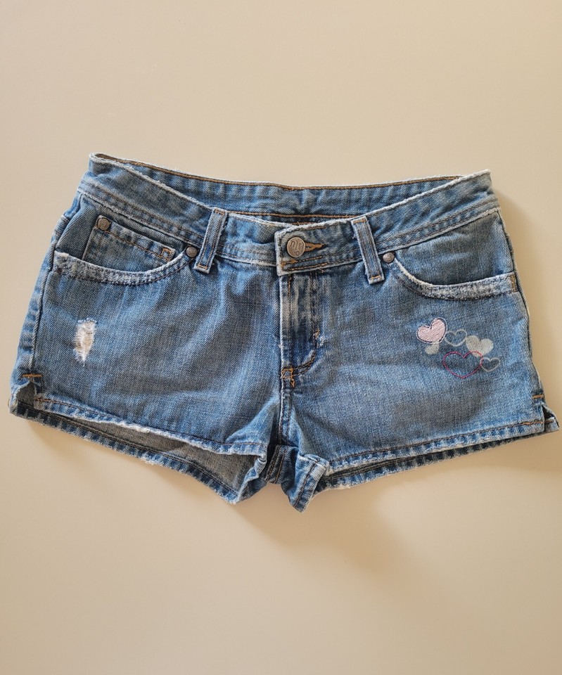 Vintage LILU denim jean shorts surf LOVE HURTS heart distress junior 1 ...