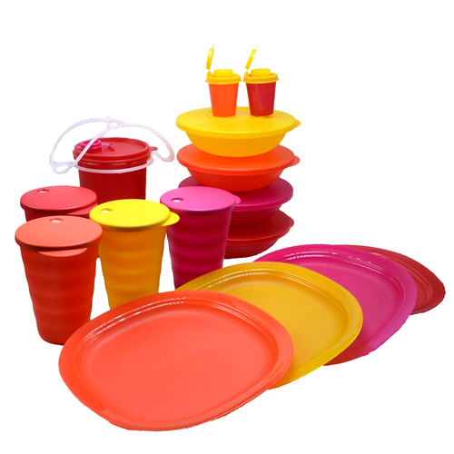 Tupperware Neon Picnic Set Plates Tumblers Bowls Pitcher Salt Pepper 15 ...
