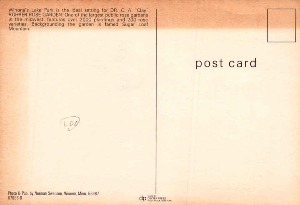 Rohrer Rose Garden Sugar Loaf At The Back Winona Minnesota 4x6 Postcard ...