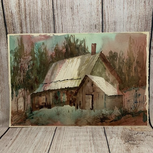 ORIGINAL Hand Painted Watercolor Art Landscape Cabin Forest Life ...