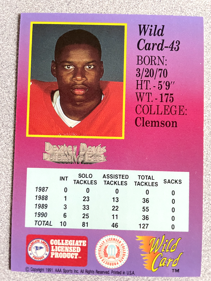 1991 Wild Card Draft Dexter Davis 10 Stripe Parallel Card #43 Clemson ...