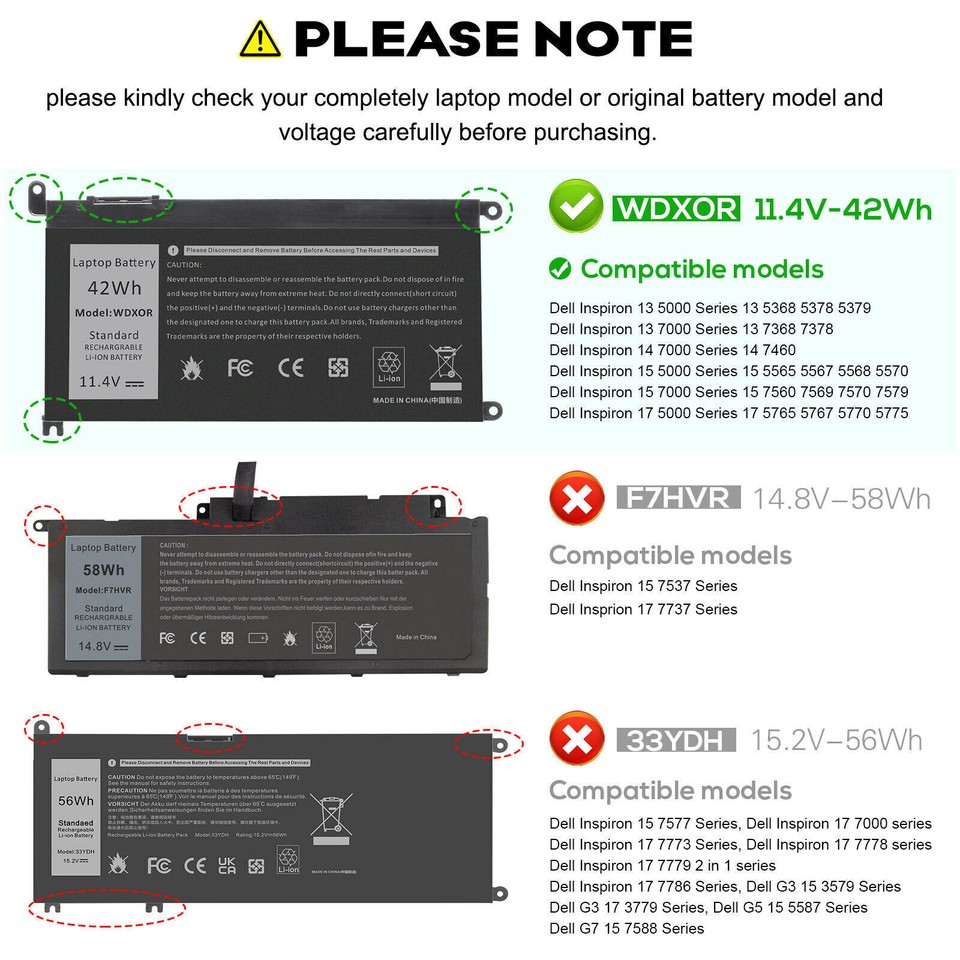 WDX0R Battery for Dell Latitude 3180 3190 3379 3380 3390 Vostro 14 5468 ...