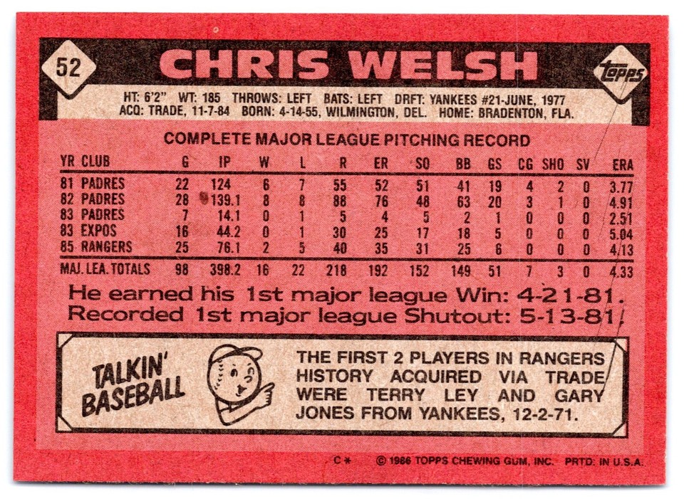 CHRIS WELSH 1986 TOPPS 86 NO 52 NRMINT+ 55935 | eBay