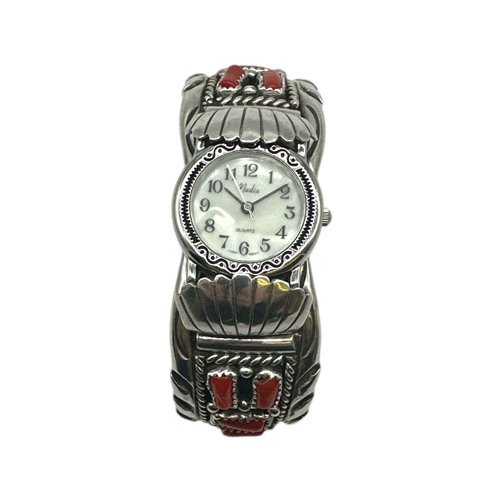 Navajo Sterling Silver & Coral Watch Cuff Bracelet - Gem