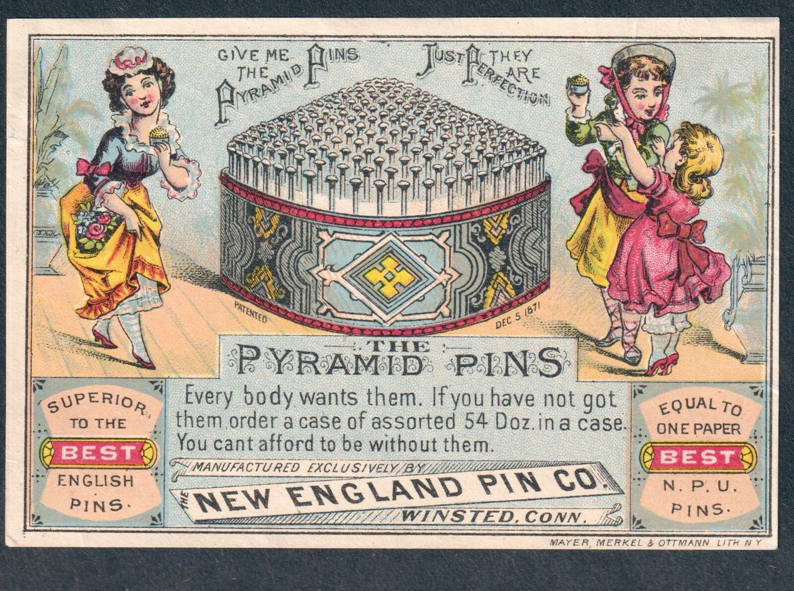 New England Pin Company 1800's Winsted CT Pyramid Pins Adv Victorian ...