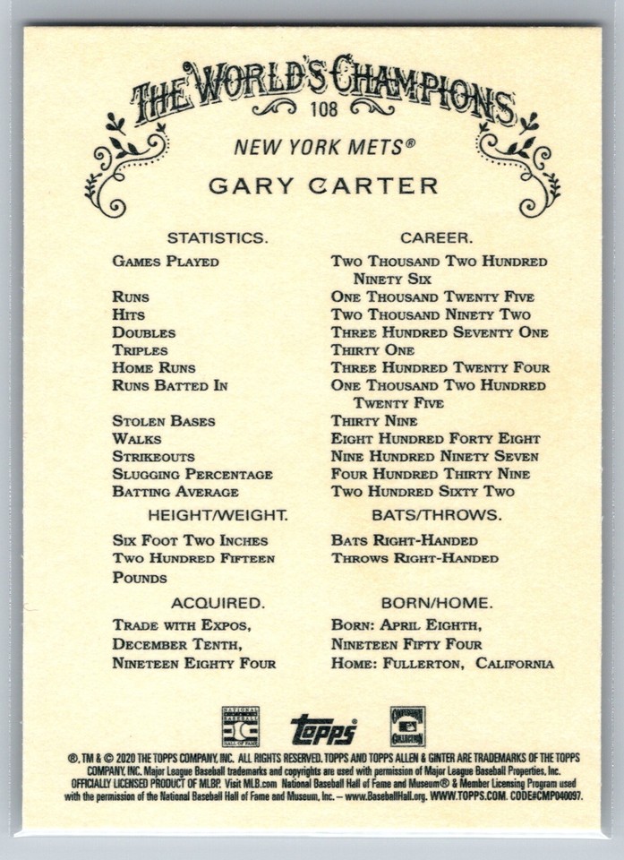 2020 Topps Allen & Ginter #108 Gary Carter New York Mets | eBay