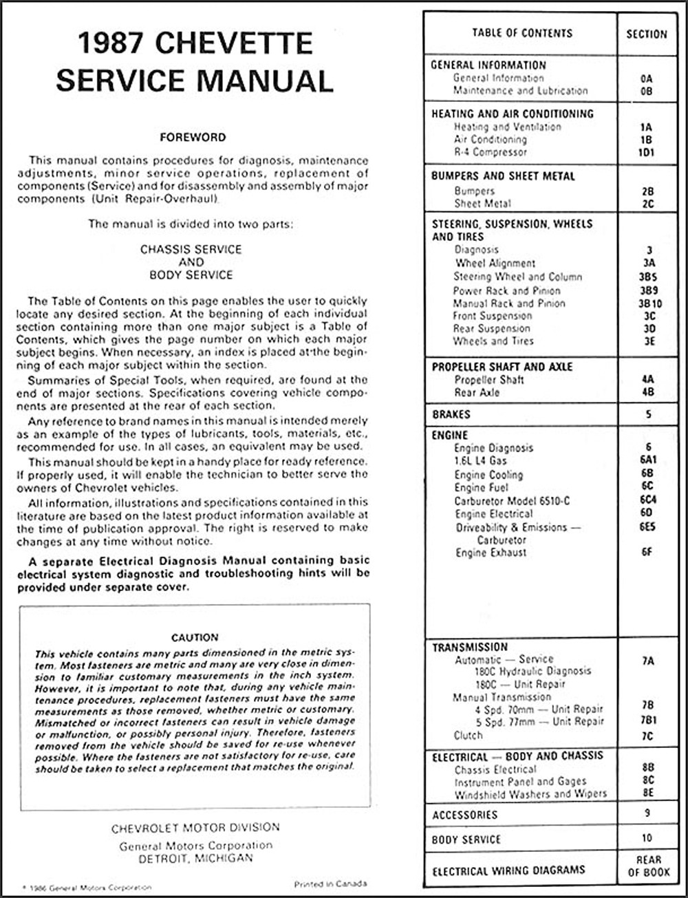 1987 Chevette Atelier Manuel OEM Chevy Chevrolet Repair Service Livre ...