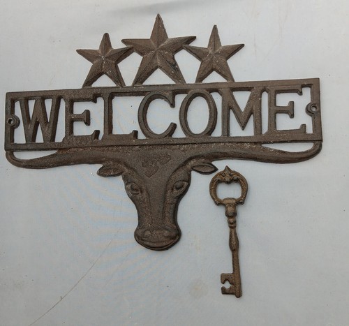 Metal Rustic Bull Head Cow Ranch Gate Welcome Plaque Cattle Sign Worn ...