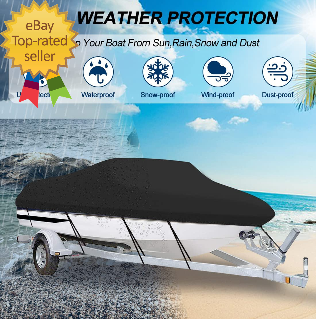 Boat Cover 14-16Ft Trailerable 210D Light Hull Covers Waterproof Marine ...