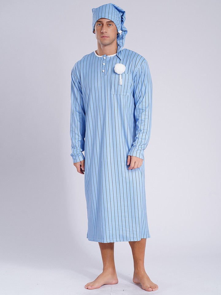 Mens Striped Sleepwear Long Sleeve Nightshirt Night Pajama Set with ...