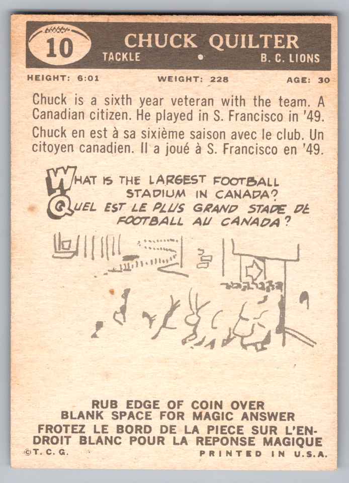 1959 TOPPS CFL #10 CHUCK QUILTER LIONS | eBay