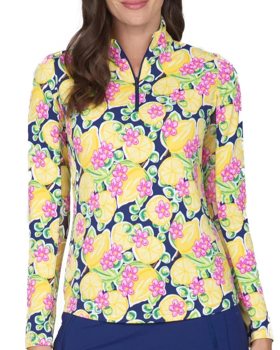 NWT Ladies IBKUL CALISTA NAVY MULTI Long Sleeve Mock Golf Shirt XS S M ...