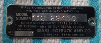 Very Good Clear Model ID Plate / Tag Craftsman Radial Arm Saw 113.29450 ...