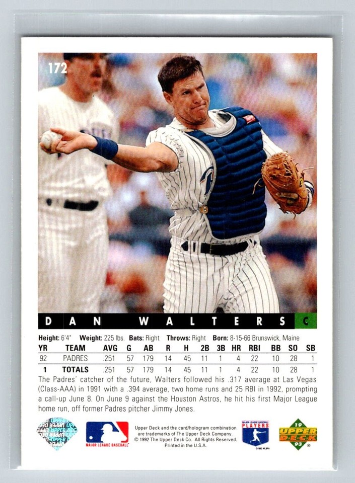 1993 Upper Deck Rookie RC #172 Dan Walters San Diego Padres Baseball ...