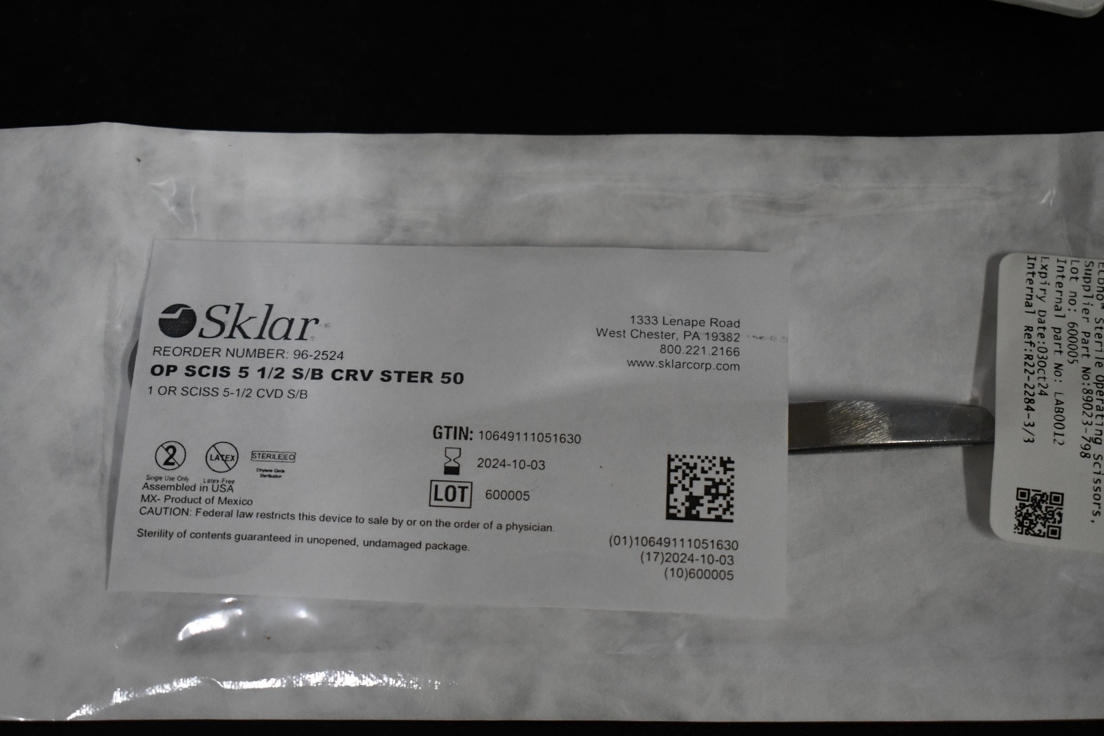 NEW Sklar 96-2524 Econo Sterile Scissors, Straight OP SCIS 5 1/2 S/B ...