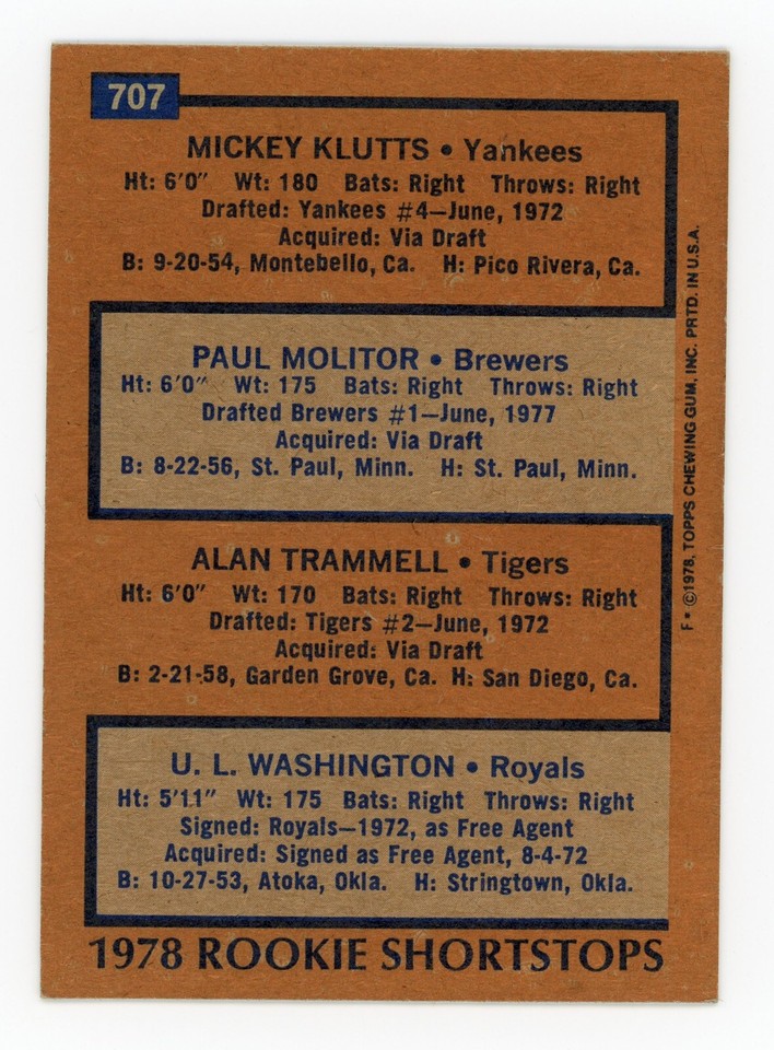 1978 Topps Shortstops Mickey Klutts Paul Molitor Alan Trammell Rookie ...