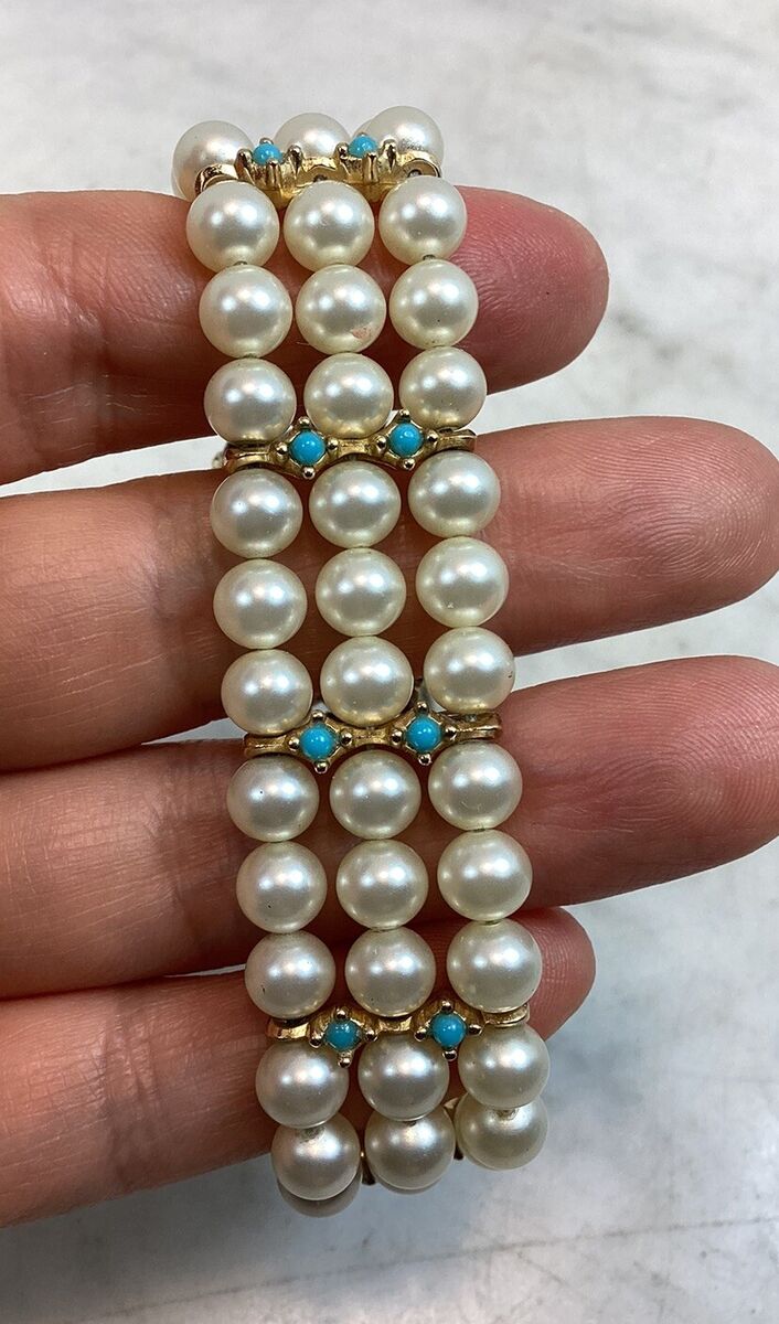 Vintage CINER Signed 3 Row Faux Pearl Seed Turquoise Vintage CINER Signed 3 Row Faux Pearl Seed Turquoise
