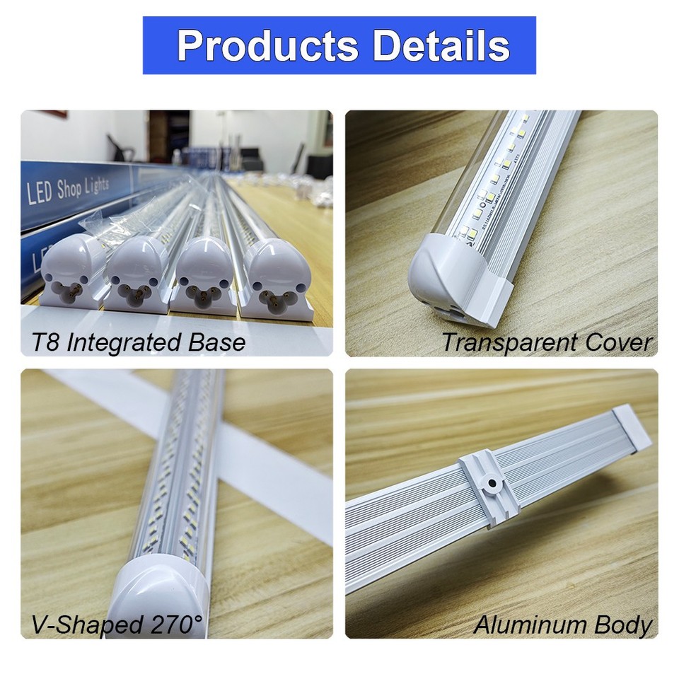 6500K 8 Foot LED Shop Lights No RF T8 Linkable LED Garage Lights 8 ...