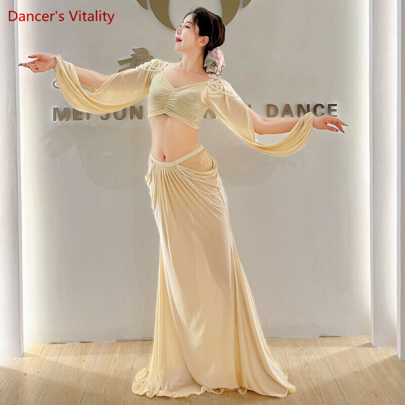 Belly Dance Clothing for Women Mesh Pearls Sleeves Top+long Skirt 2pcs ...