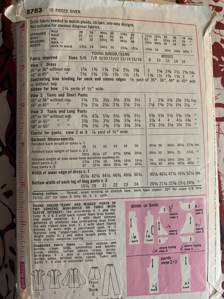 Sewing Pattern Simplicity 8783 Young Jr/Teen Pants, Mini Dress, Tunic ...