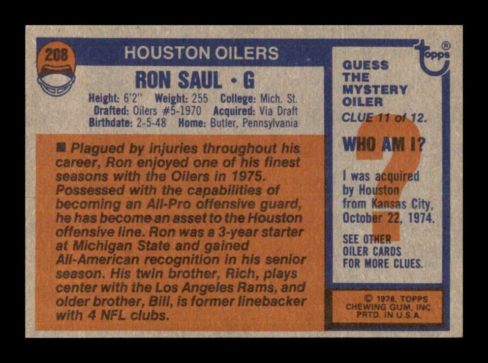 1976 Topps Ron Saul #208 Set Break Houston Oilers | eBay