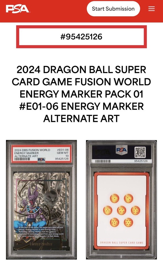2024 DBS Fusion World Alternate Art Energy Marker #E01-06 PSA 10 Beerus ...
