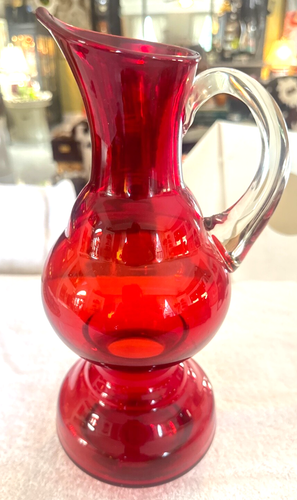 Vtg Red CHERRY ART GLASS BLENKO PILGRIM UNMARKED Pitcher Clear Handle ...