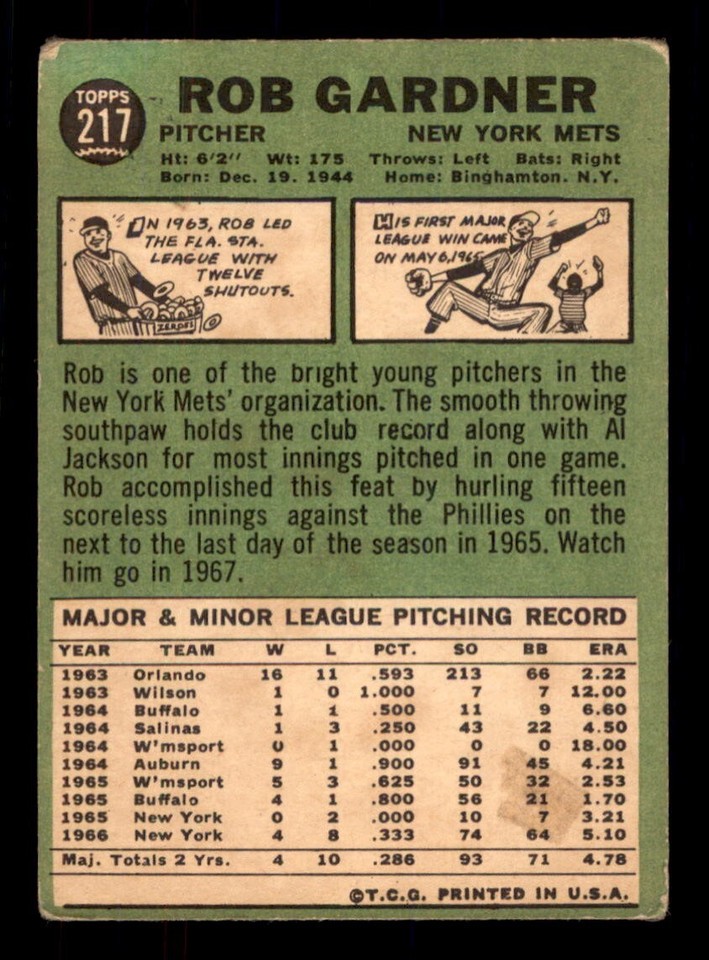 1967 Topps Baseball #217 Rob Gardner GD *e1 | eBay