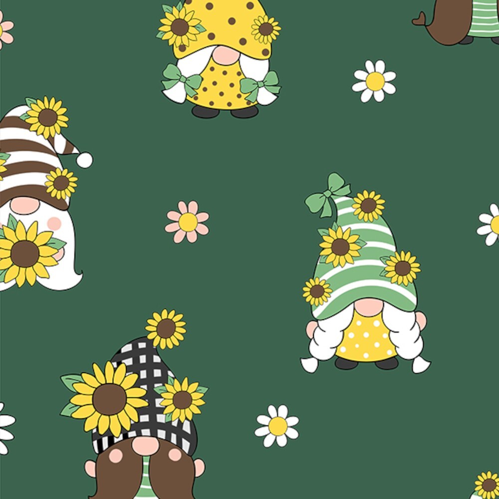Polycotton Fabric Spring Gonks Garden Gnomes Sunflower Daisy Floral ...
