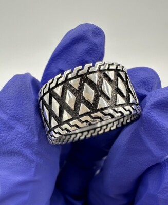 Sterling Silver 925 Vintage Diamond Pattern Band Ring 11.6mm Wide Size ...