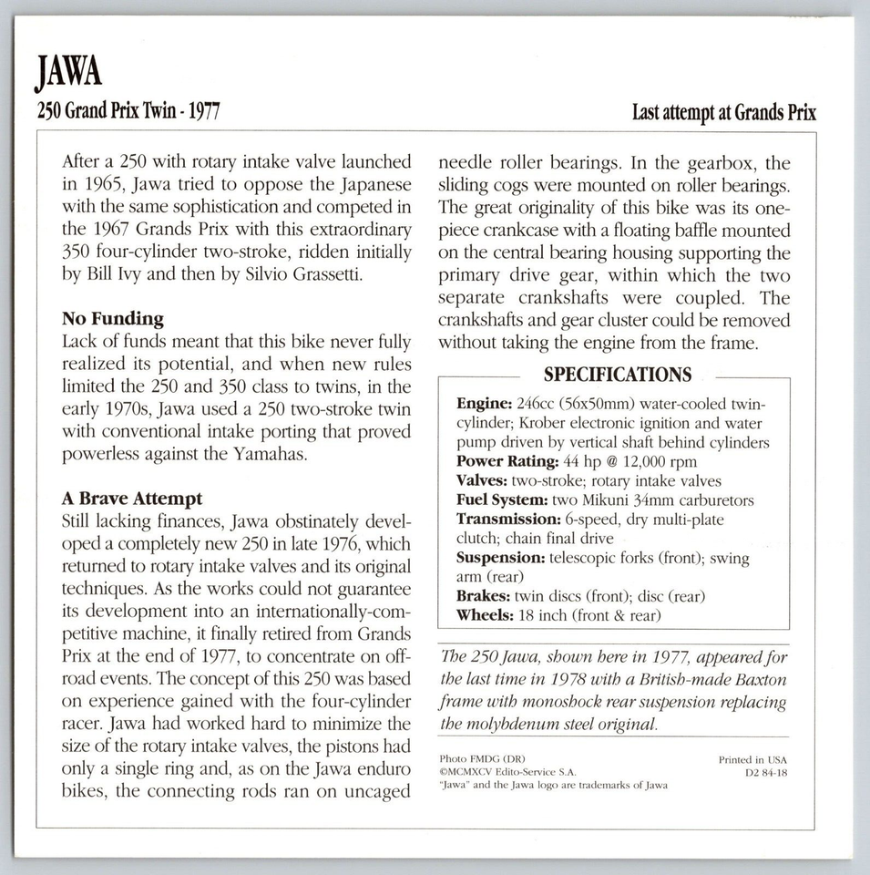 JAWA 250 Grand Prix Twin 1977 Czechoslovakia Edito Service Atlas ...