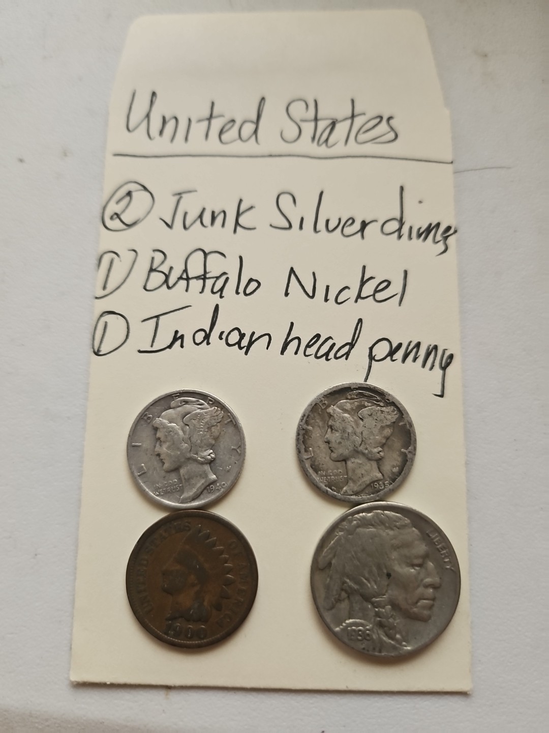 United States (2) Junk Silver Dimes, (1) Buffalo Nickel, (1) Indian ...