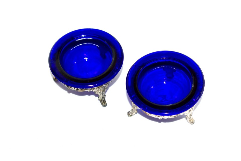 antique cobalt blue glass salt cellars with ornate metal feet | eBay