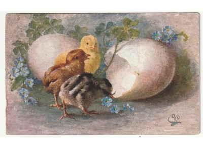 1917 Coarse Art IN Card Egg Baby Chicks Miosotys Best Wishes Happy ...