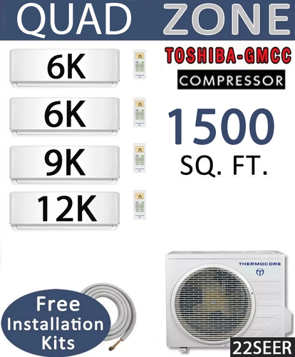 Quad Zone Ductless Mini Split Air Conditioner Hyper Heat Pump: 6k+6k+9k ...