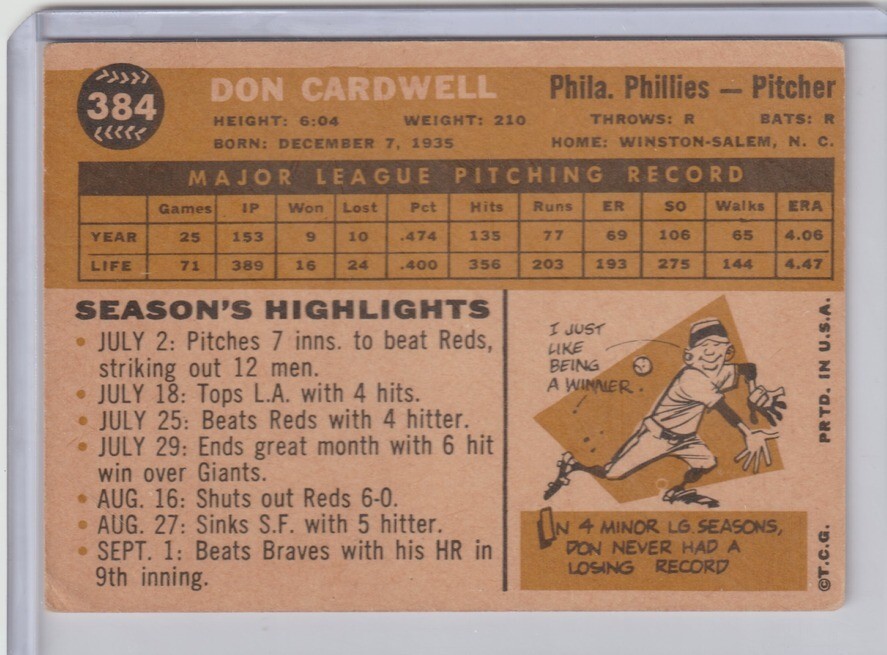 1960 Topps - Don Cardwell #384 Rare Old US Vintage Baseball Collection ...