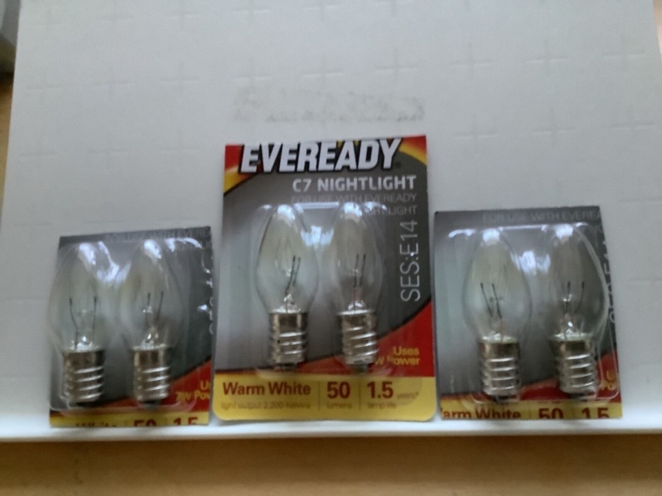 6 x EVEREADY E14 SPARE NIGHT LIGHT BULB 7W SES - 14mm LAMP 240V SCREW ...