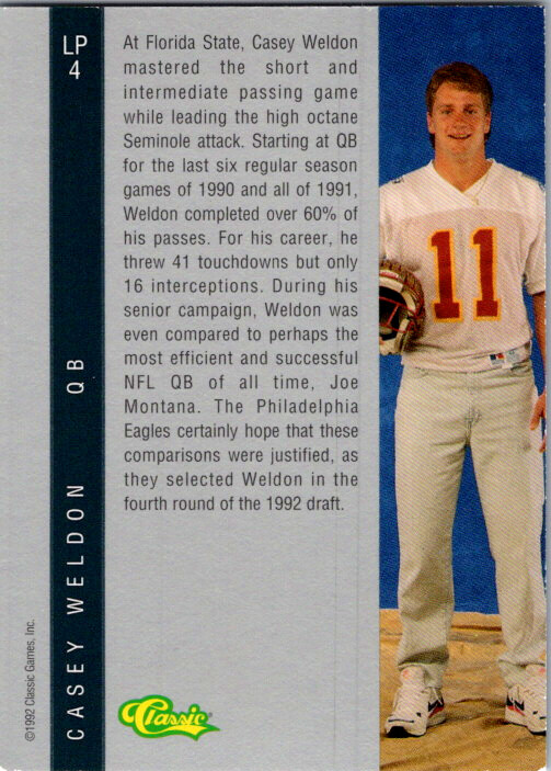 Casey Weldon 1992 Classic #LP4 Limited Prints Football Card | eBay