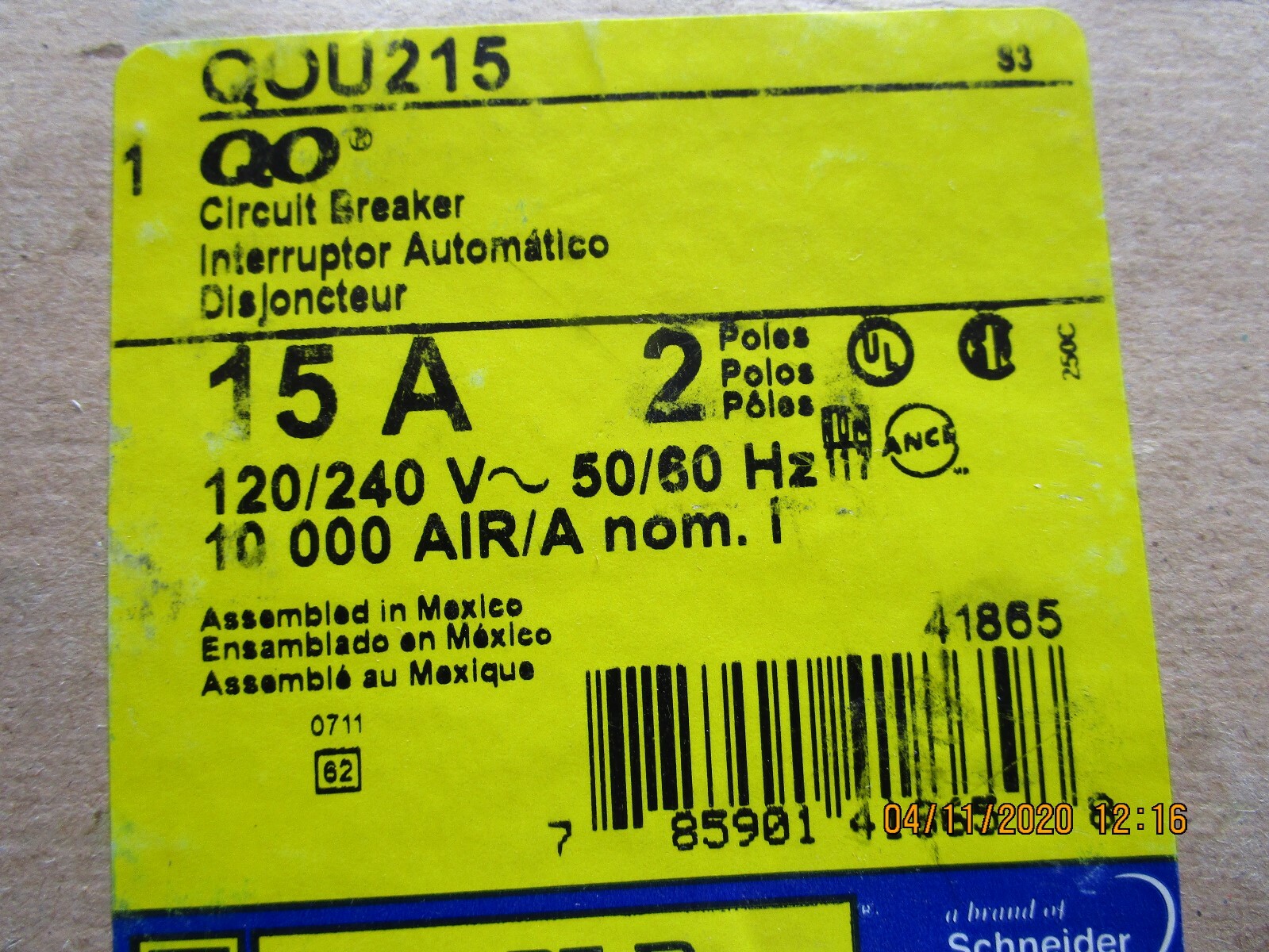 Square D QOU2155283 Breaker 15 Amp DIN Rail or Unit Mount Qou215 for ...