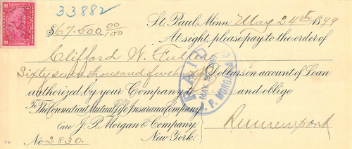$ 67,500.00 CLIFFORD W FULLER SIGNED ST PAUL 1899 CHECK DRAFT RECEIPT ...