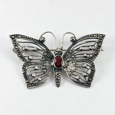 Vintage 925 Sterling Silver Garnet & Marcasite Filigree Butterfly ...