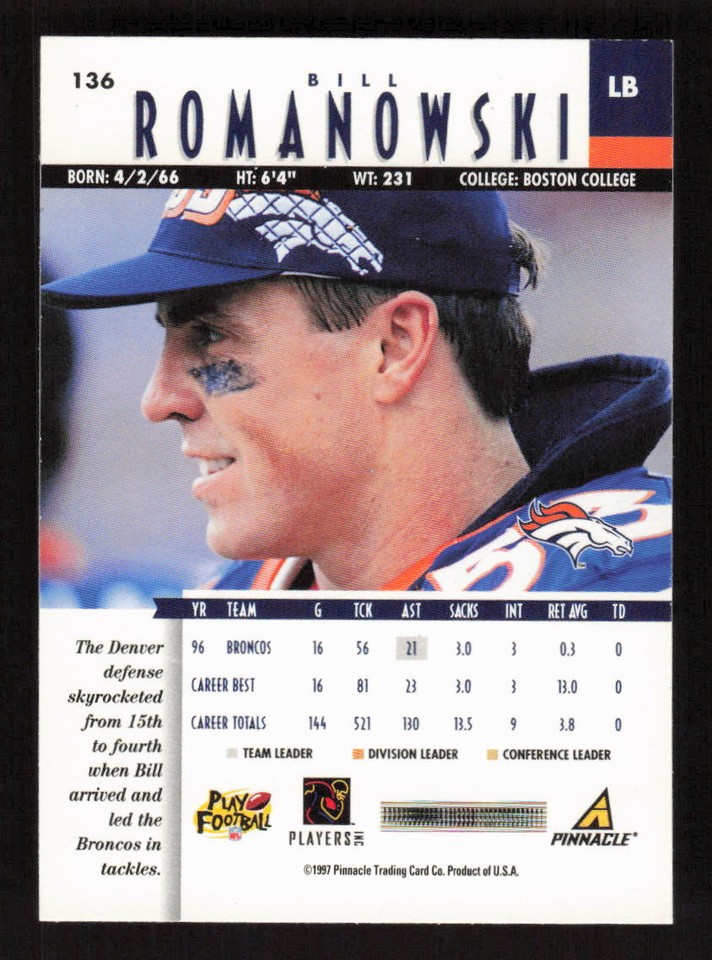 1997 Pinnacle #136 Bill Romanowski Denver Broncos | eBay