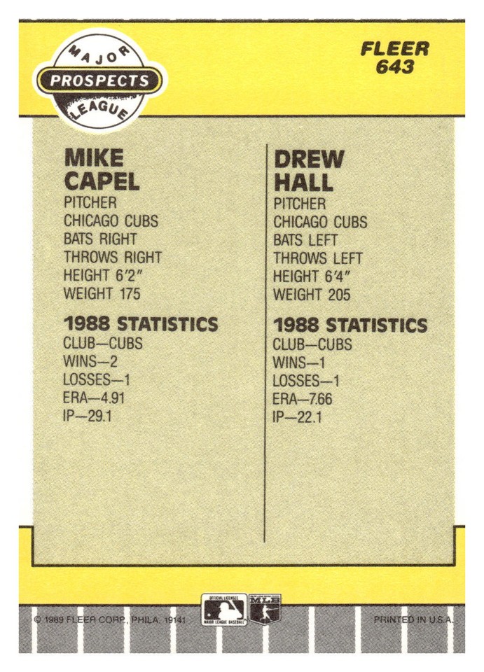 1989 Fleer 643 Mike Capel / Drew Hall MLP, RC Chicago Cubs | eBay