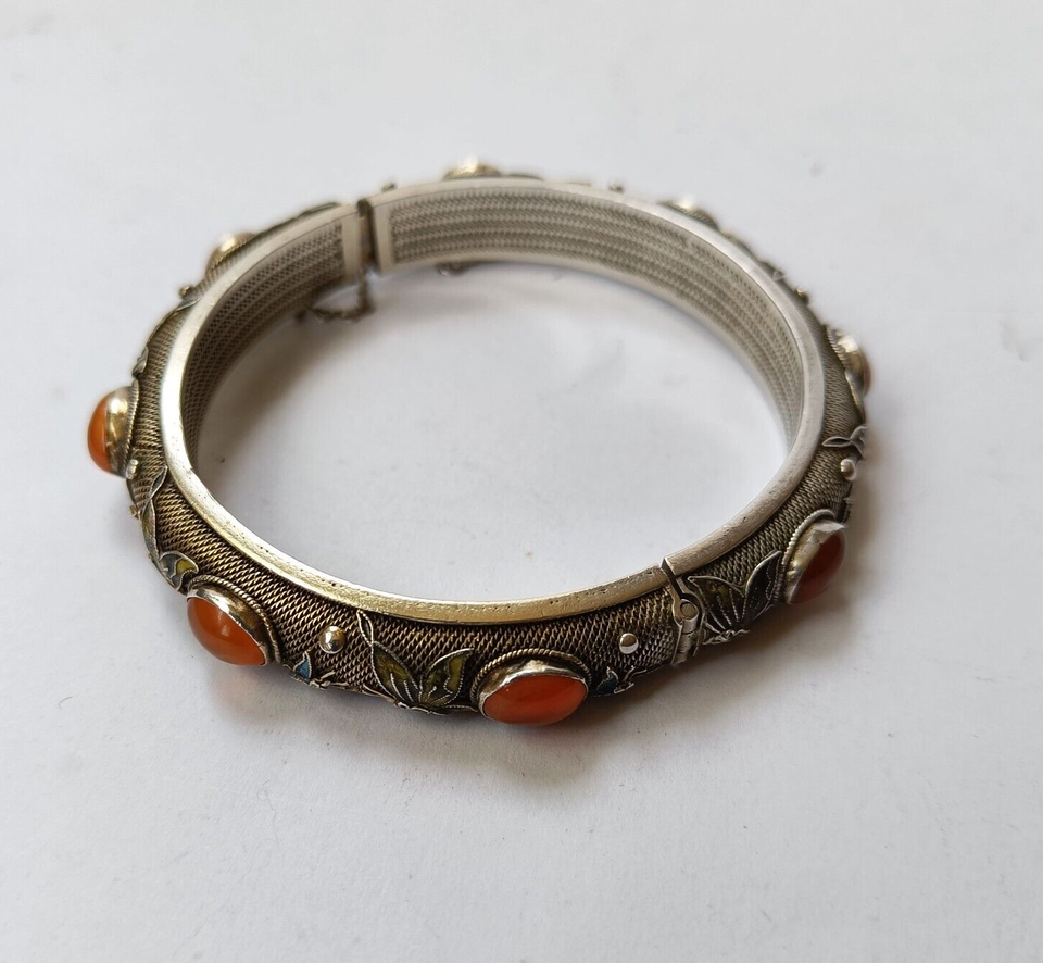 Chinese silver bracelet with carnelian gilt and enamel | eBay