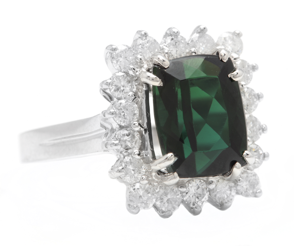 5.78 Carats Natural Green Tourmaline and Diamonds 14K Solid White Gold ...