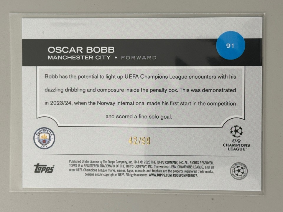 Oscar Bobb Manchester City 42/99 Green Foilboard 2024/25 Topps UCC ...