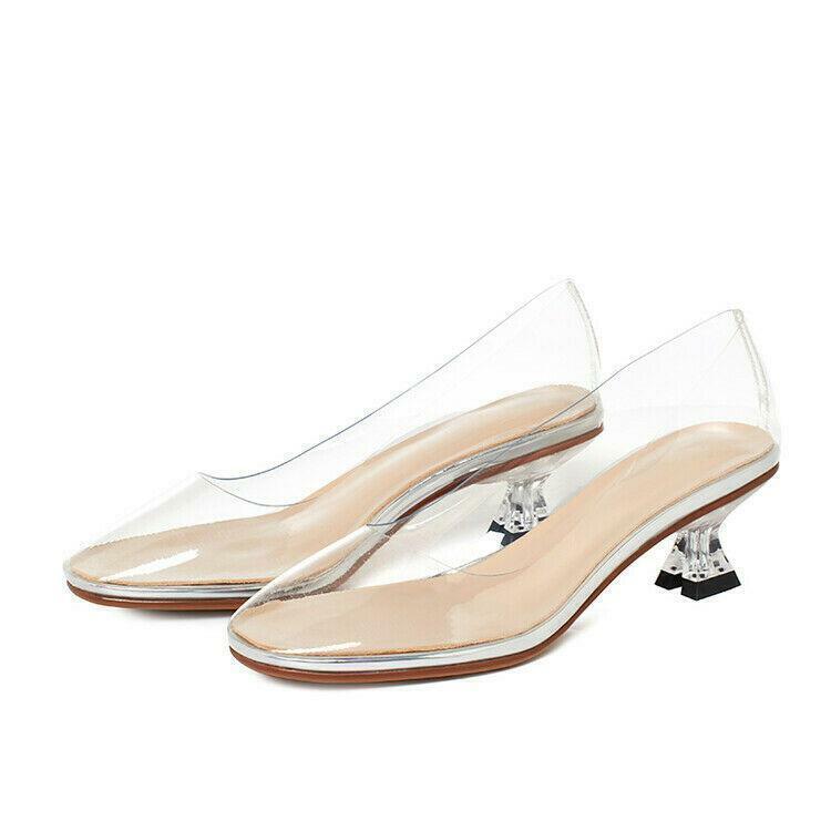 Women's Clear Transparent PVC Dress Formal Low Kitten Heel Party Shoes ...